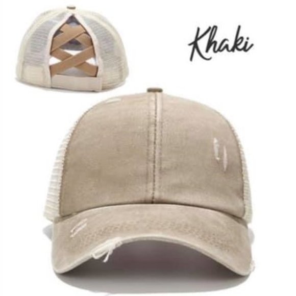 Accessories | Criss Cross Distressed Trucker Hat Khaki | Poshmark